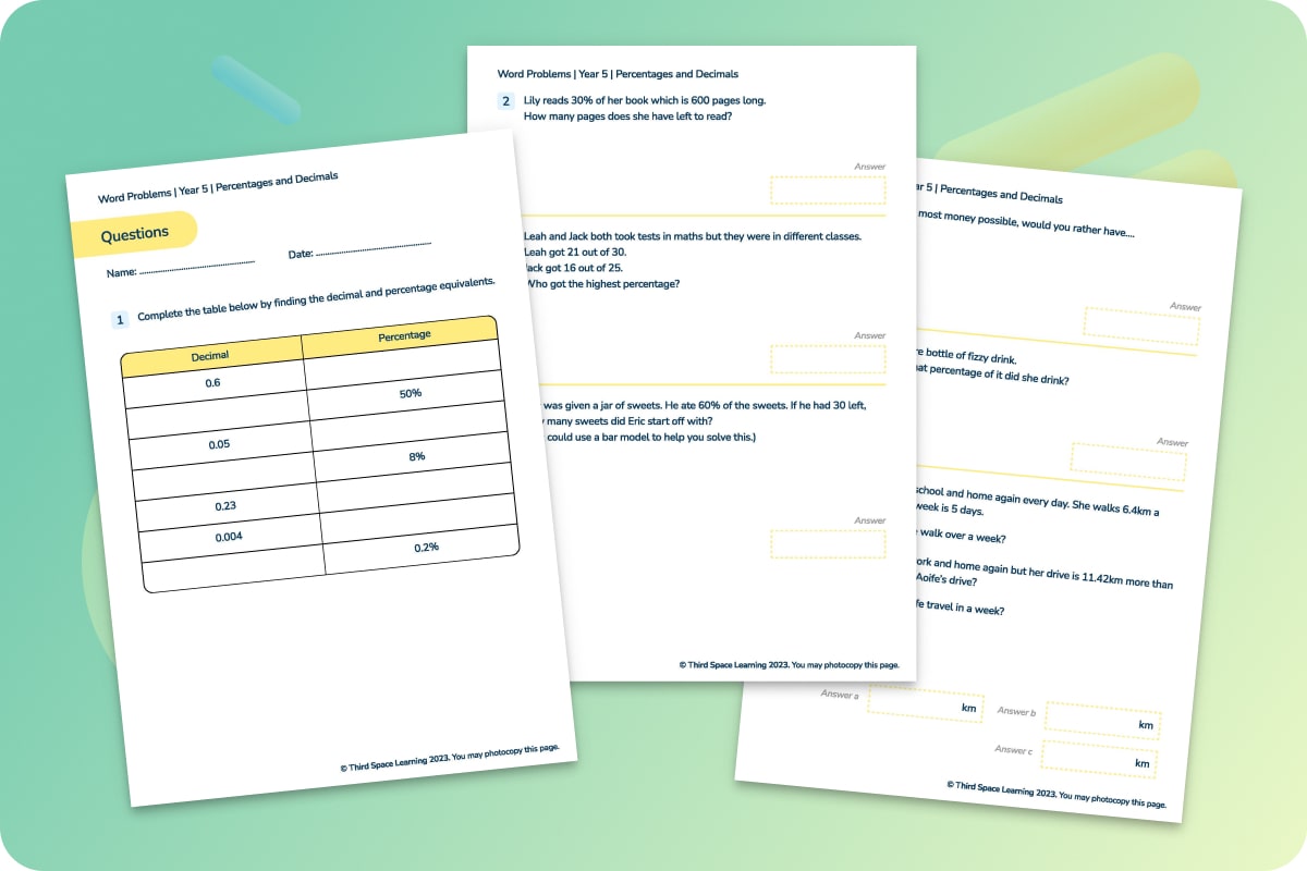 Word Problems Year 5 Percentages And Decimals | Maths Hub | Third Space ...