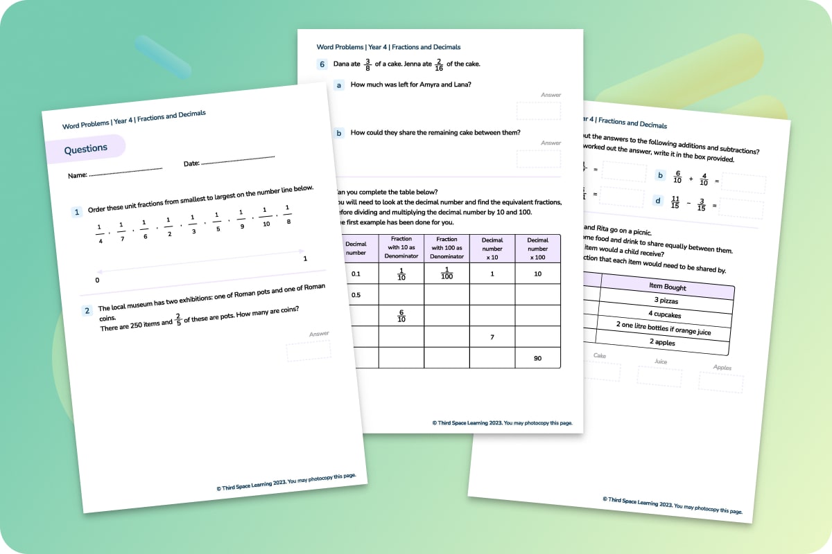 Word Problems Year 4 Fractions And Decimals | Maths Hub | Third Space ...