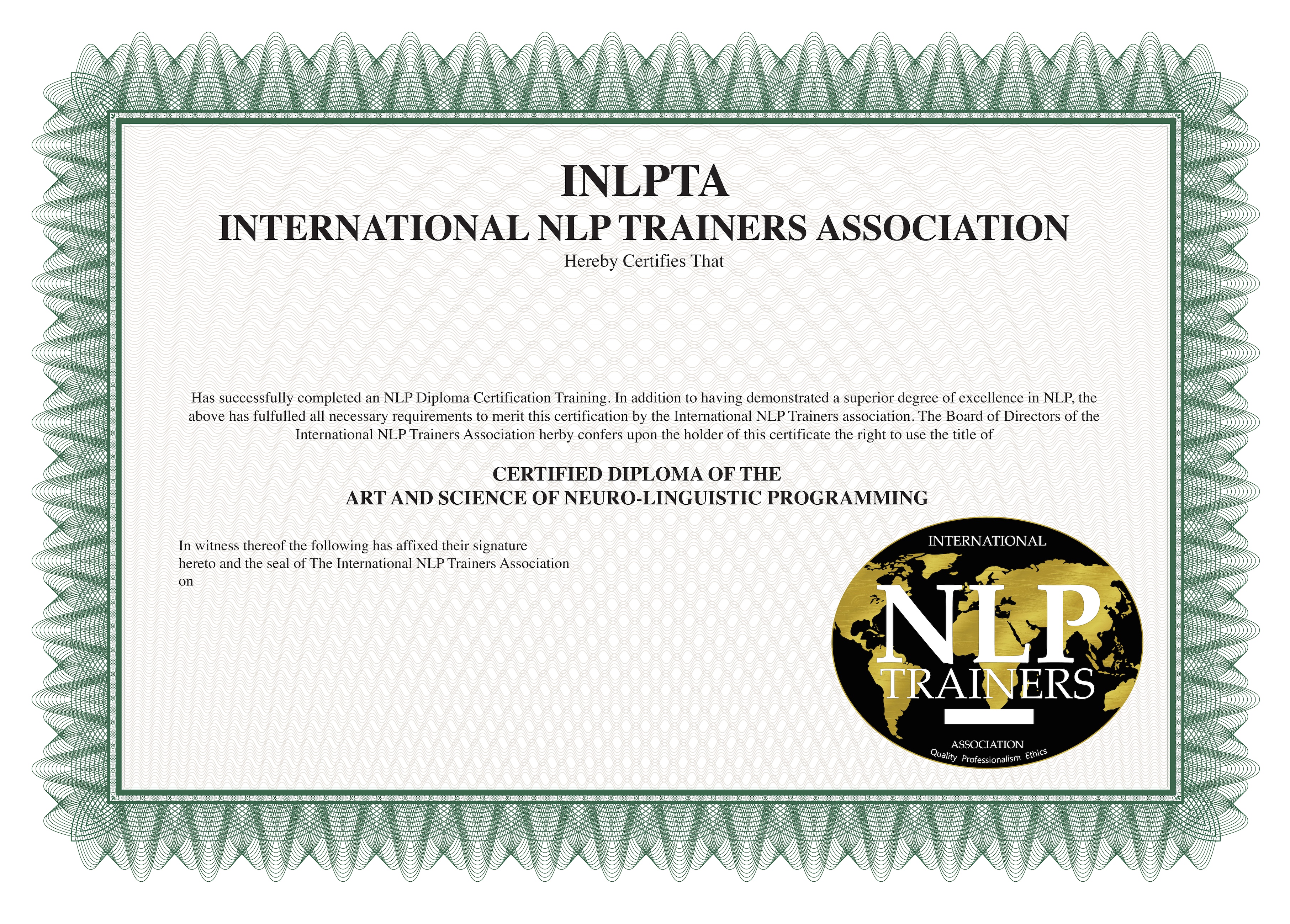 INLPTA DIPLOMA • John Doe • INLPTA