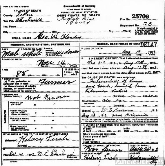 Death Certificate: George Washington Flanders Photo