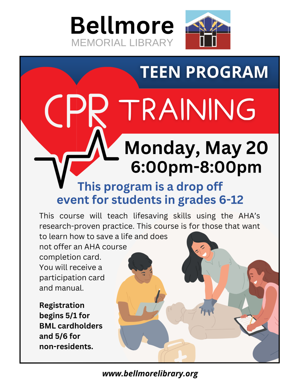 Monday, May 20, 2024 | CPR Course for Teens | Bellmore Memorial Library