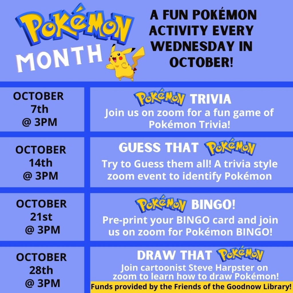 10/21/2020 | Pokémon Bingo, grades K & up | Goodnow Library