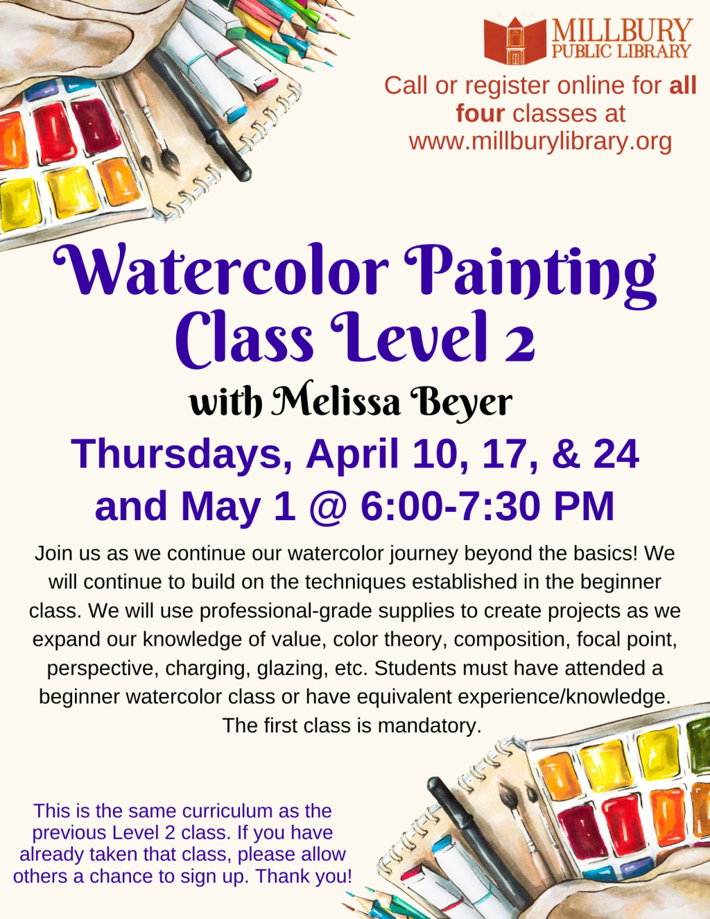 Thursday, April 10, 2025 | Watercolor Painting Level 2 | Millbury ...