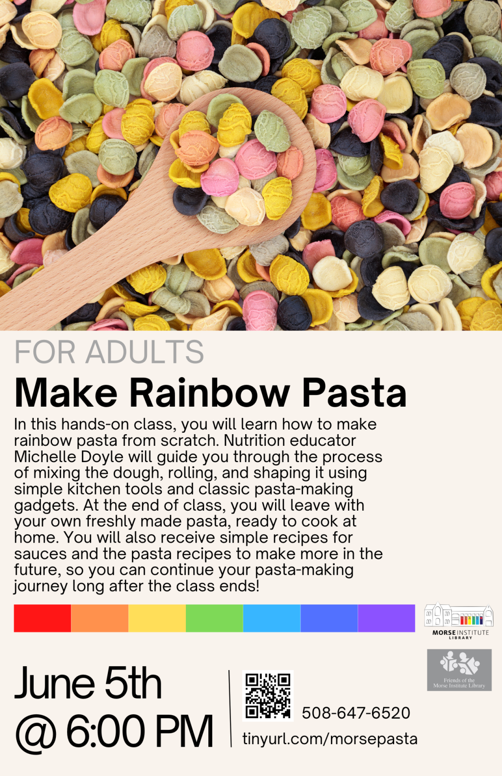 Thursday, June 5, 2025 | FOR ADULTS Make Rainbow Pasta | Natick Libraries
