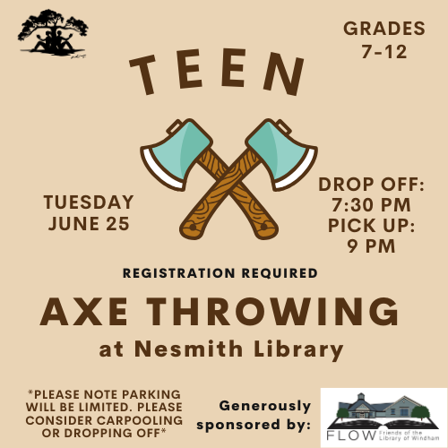 Tuesday, June 25, 2024 | Teen SRP Kick-Off: Axe-Throwing! | Nesmith Library