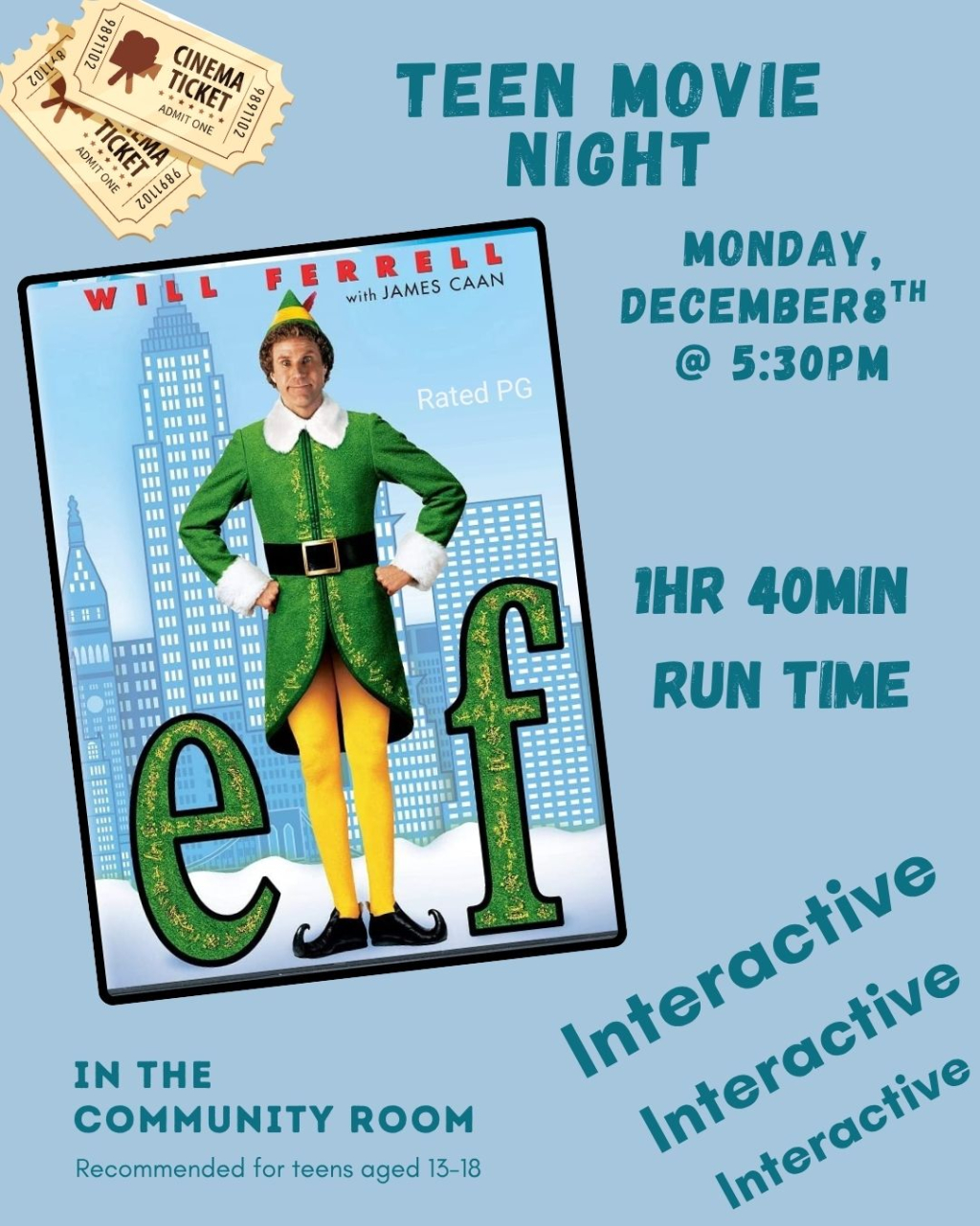 12/08/2025 | Teen Movie Monday - Elf Interactive | Rochester Public Library