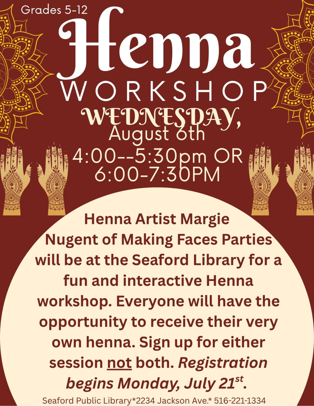 08/06/2025 | Henna Workshop (Grades 5-12) | Seaford Public Library