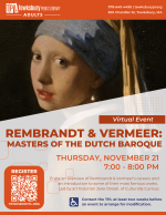11/21/2024 | VIRTUAL: Rembrandt & Vermeer -- Masters of the Dutch Baroque | Tewksbury Public Library
