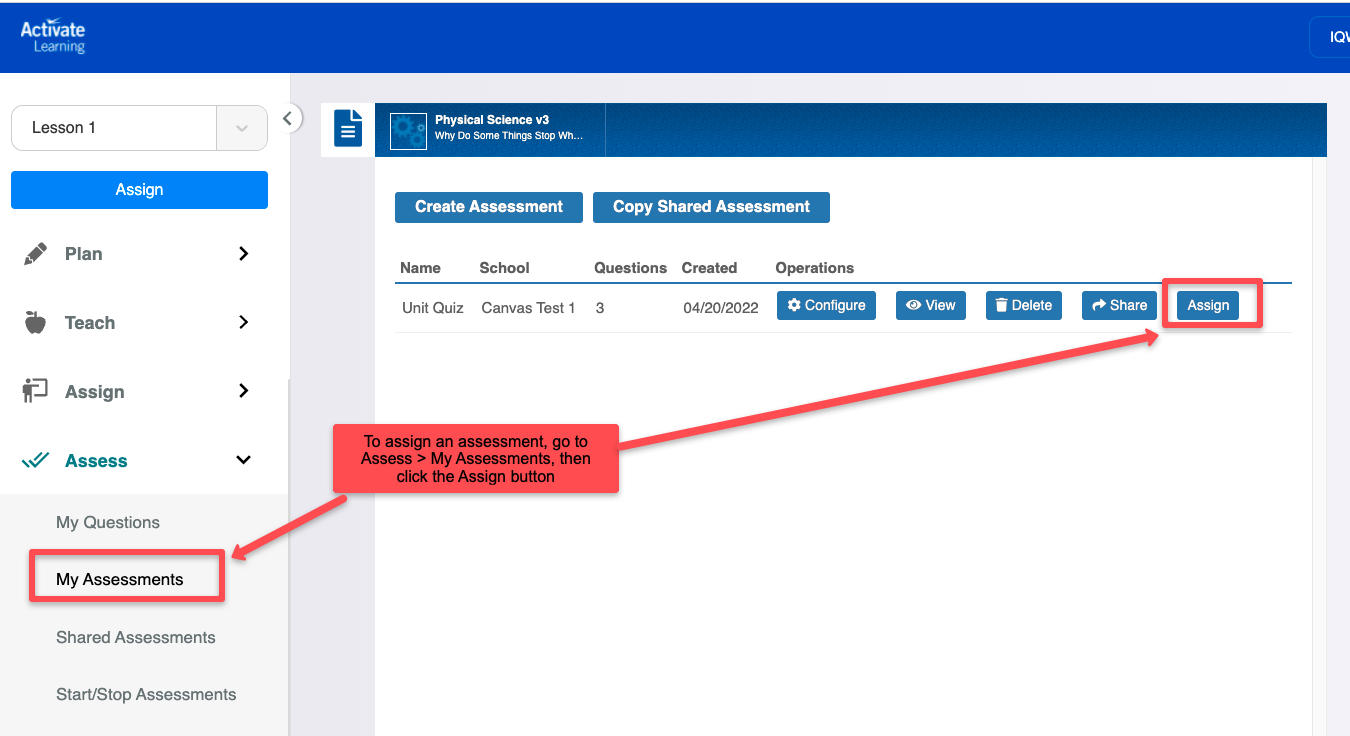 My Assessments screenshot