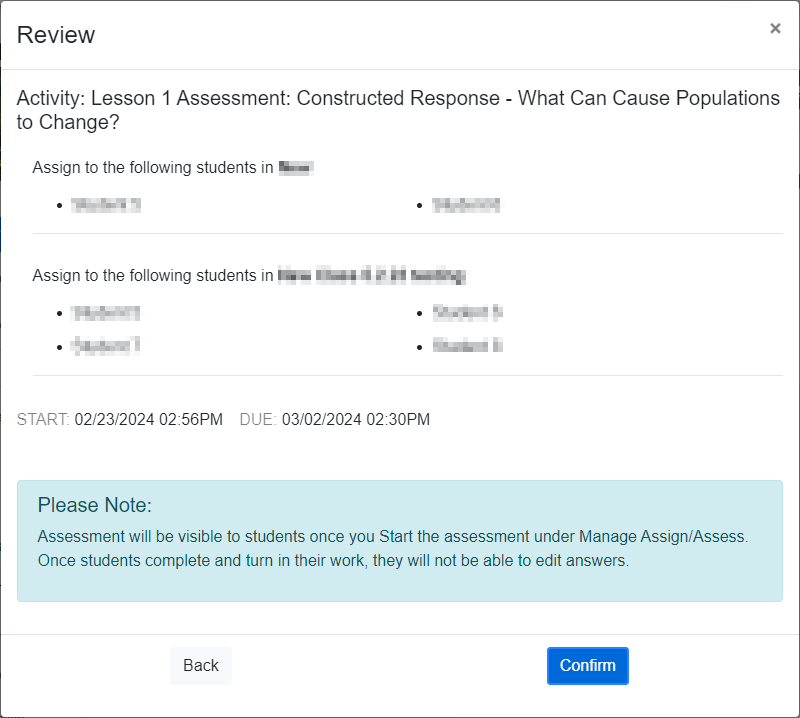 review assessment settings