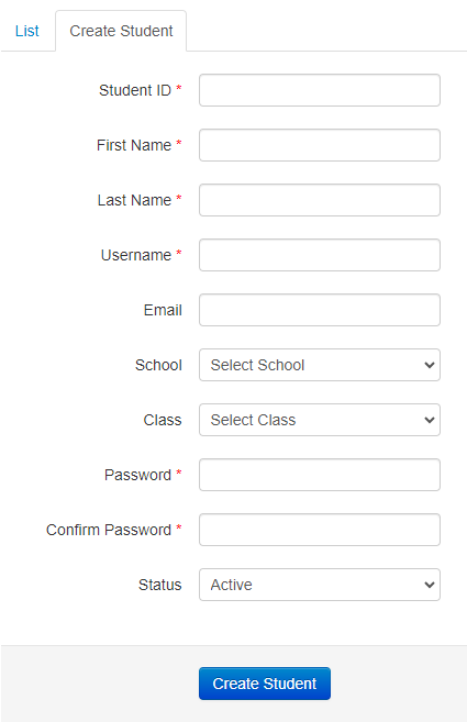 Fields for a new student account