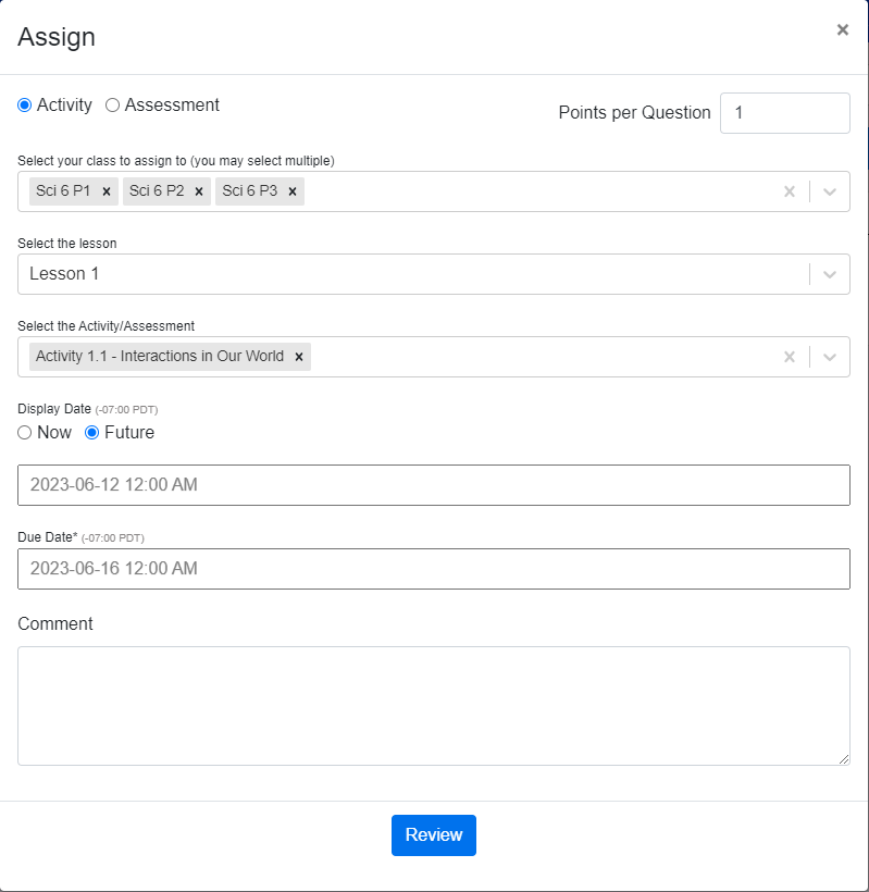 The form above allows you to assign work to one or more of your classes ...