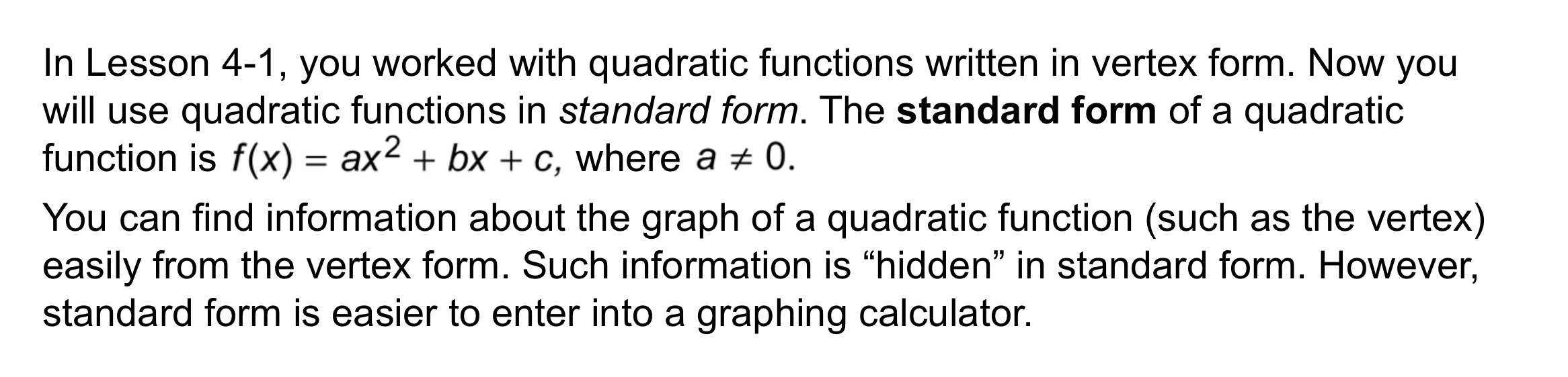 Algebra 2 4-2 Complete Lesson: Standard Form of a Quadratic Function ...