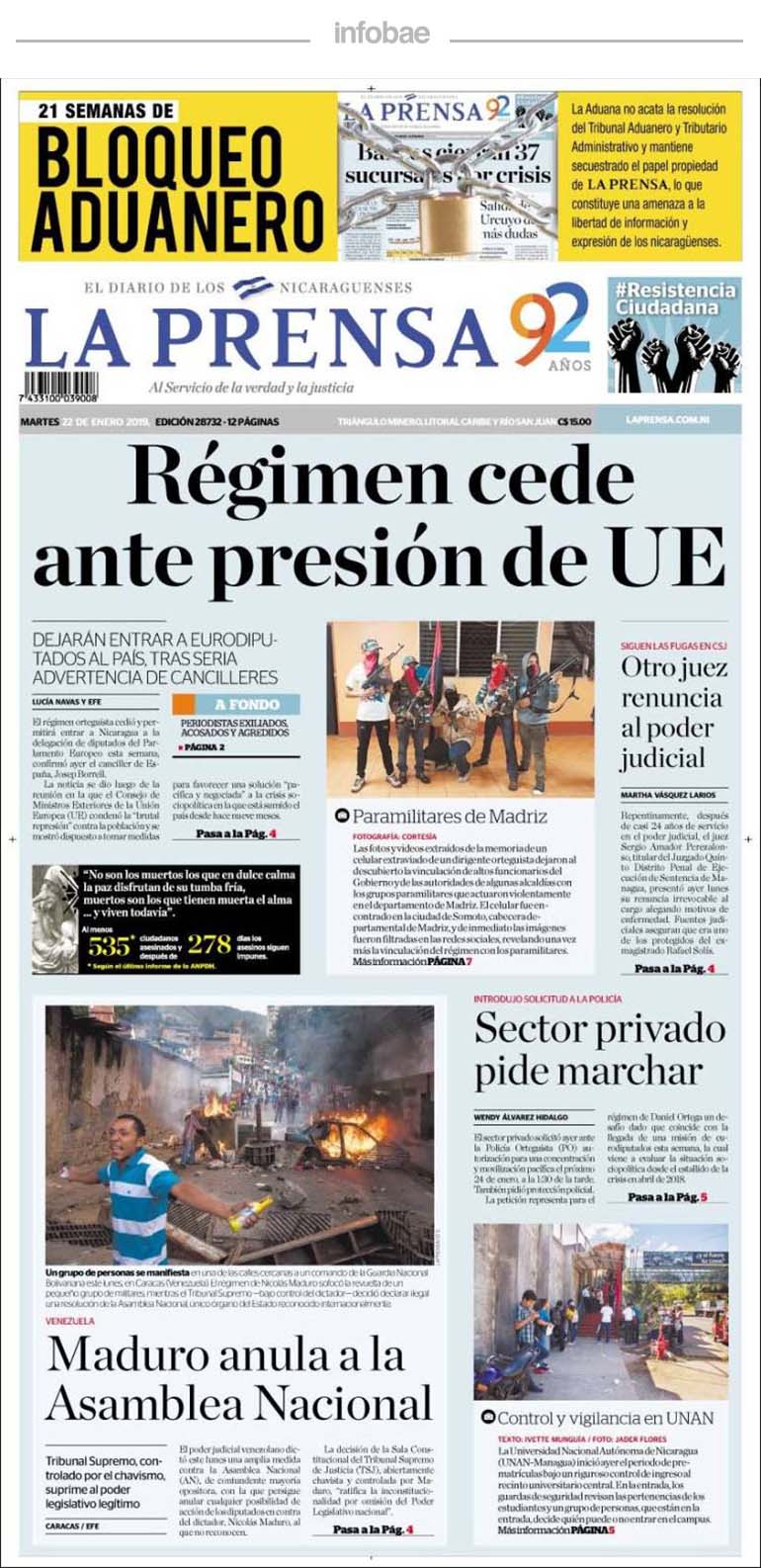 La Prensa Nicaragua 22 De Enero De 2019 Infobae 3430