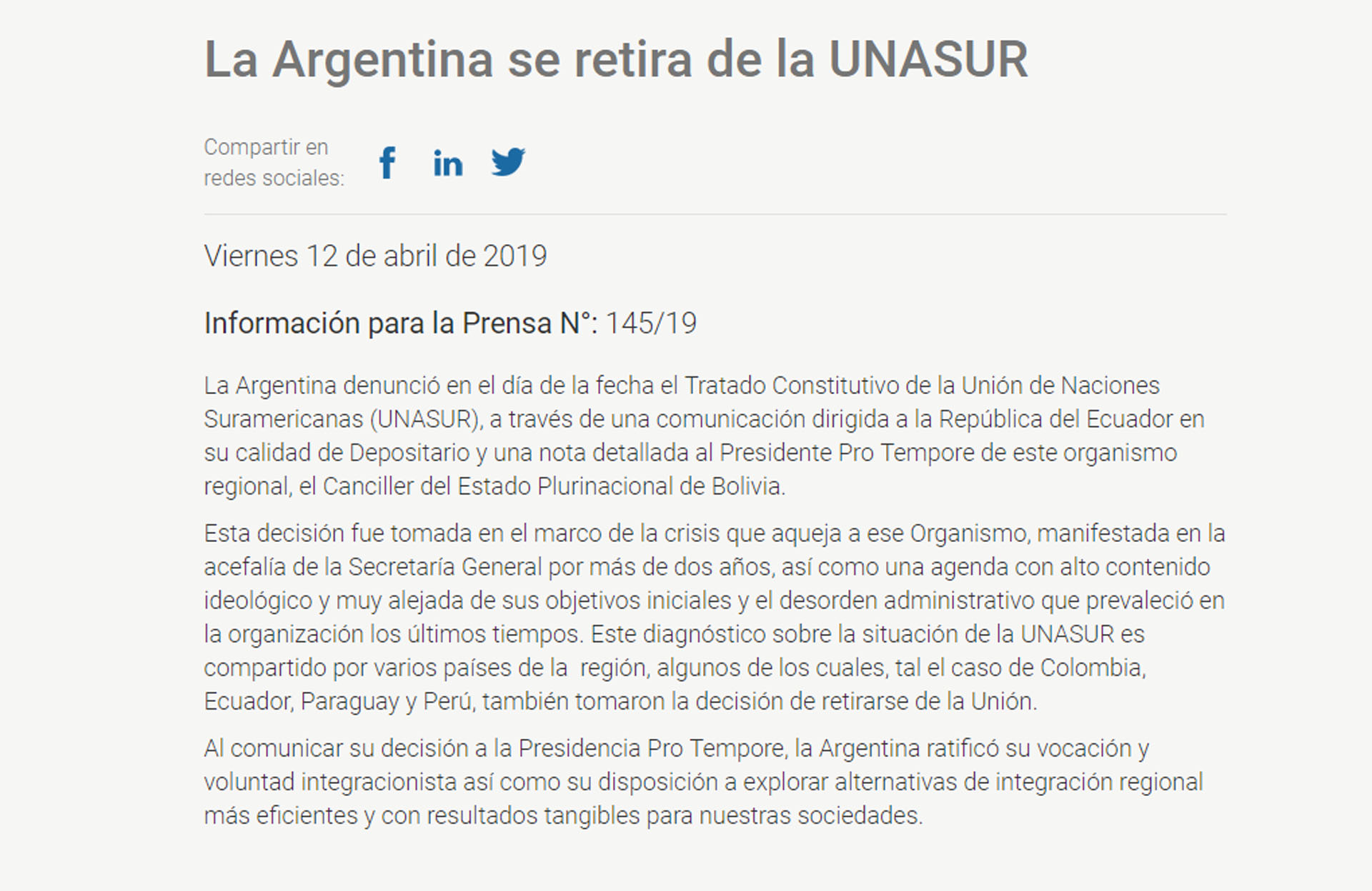 Argentina Oficializó Su Salida De La Unasur Infobae