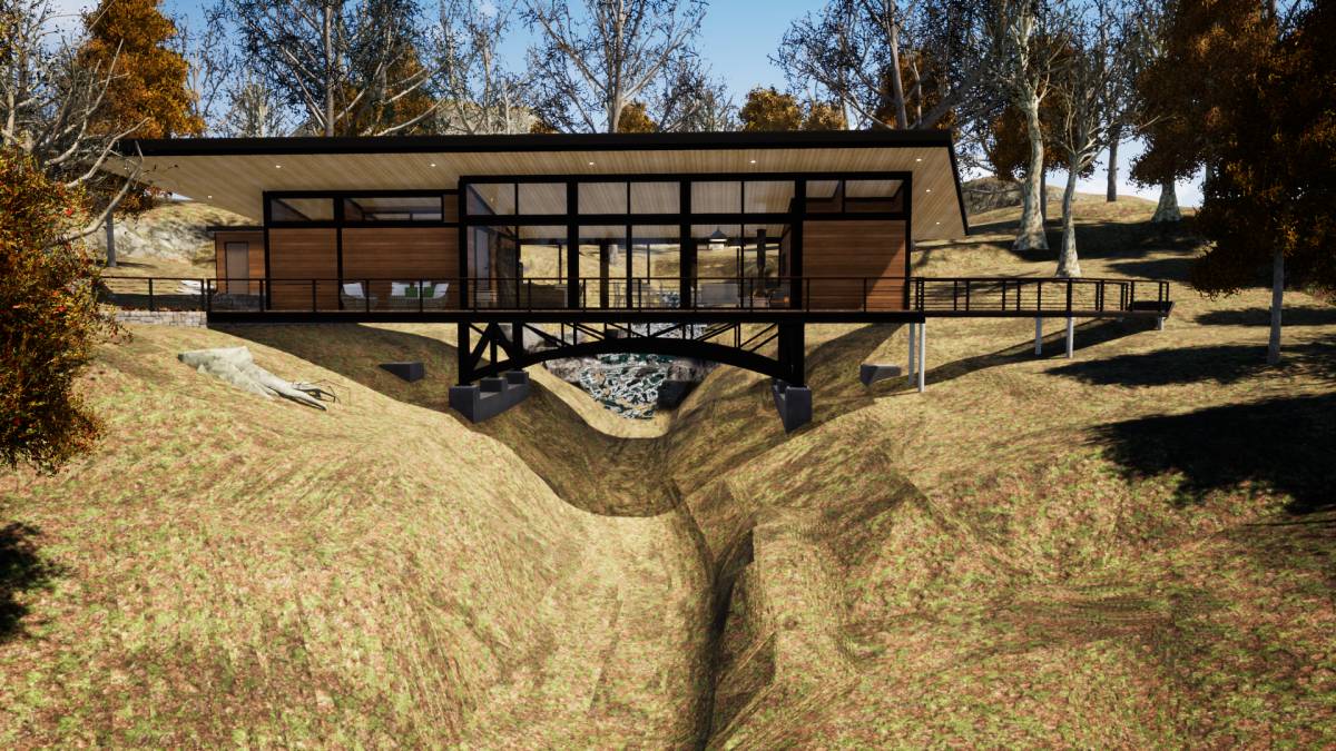 Design project for Cabin in front of waterfall and over ravine in ...