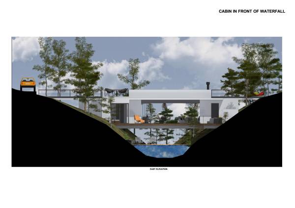 Design project for Cabin in front of waterfall and over ravine in ...