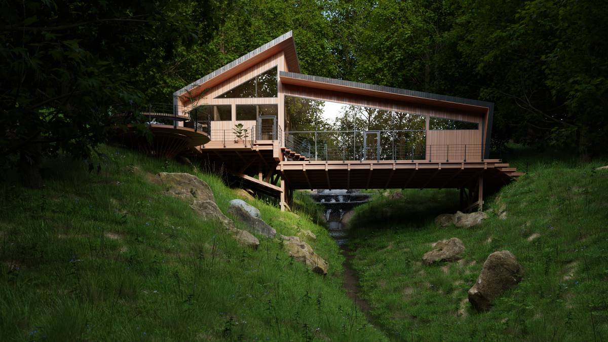 Design project for Cabin in front of waterfall and over ravine in ...