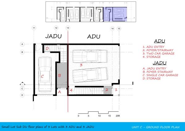 Design project for Small Lot Sub Div floor plans of 3 Lots with 3 ADU ...
