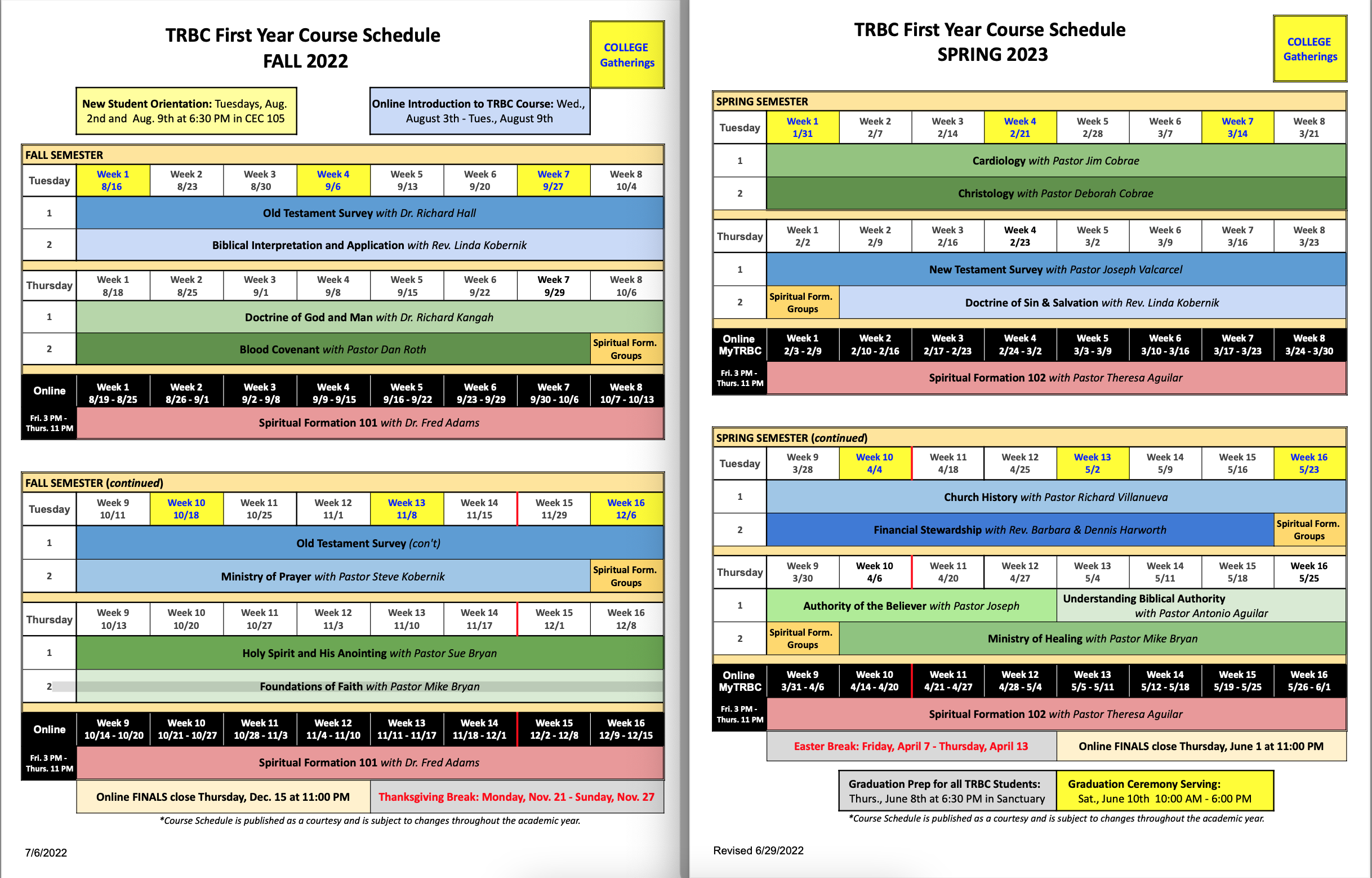 TRBC | Calendars & Schedules
