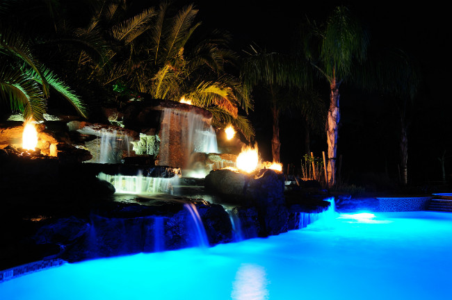 Pool With Fire Waterfalls