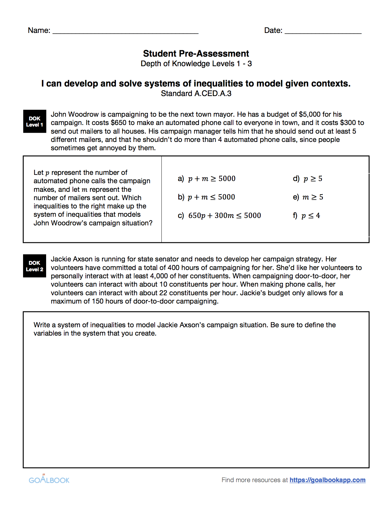 HSA-CED.3 Constraints Using Equations and Inequalities | Math, High ...