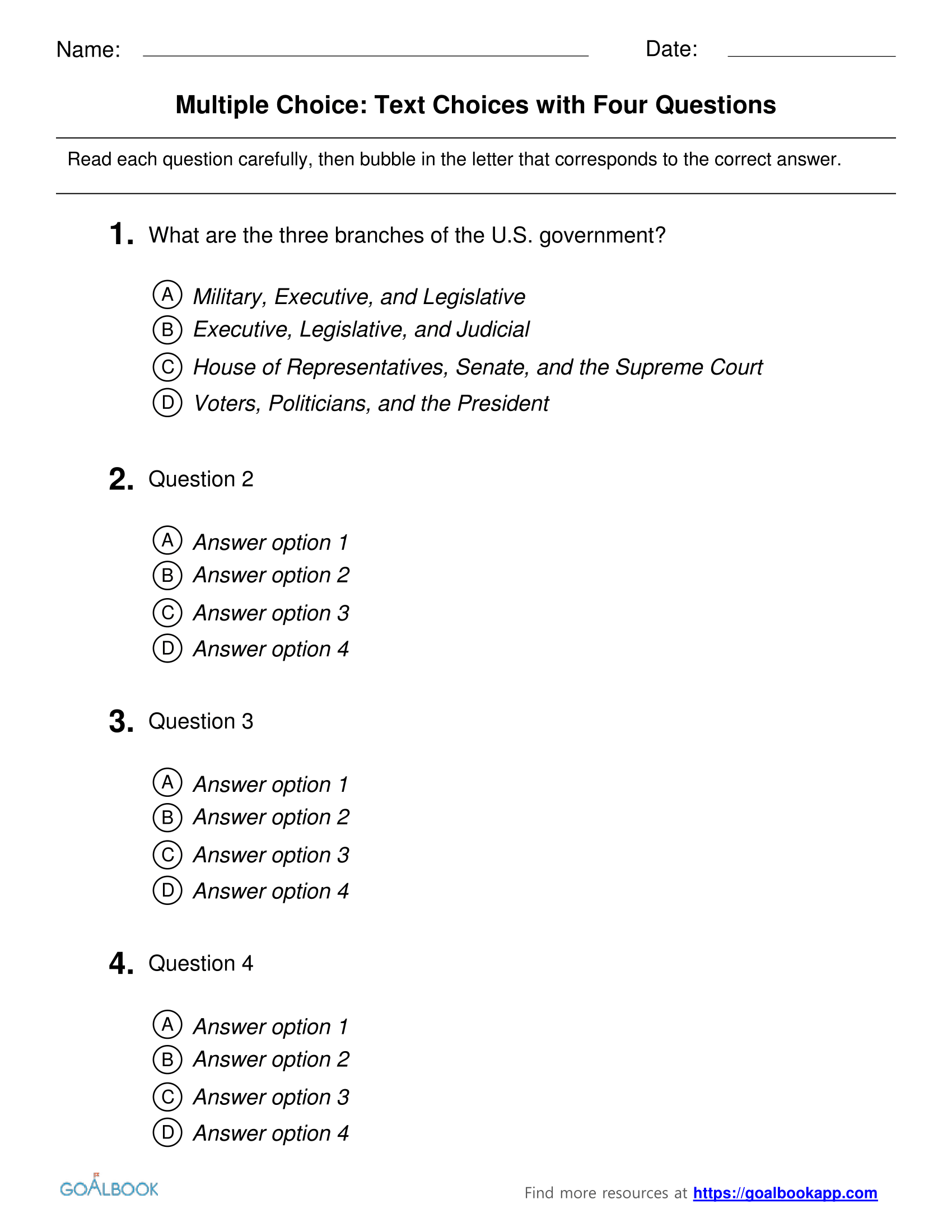 Multiple Choice Template PDF Template