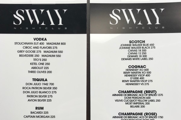 Sway Bottle Sevice Menu, Bottle service, Fort Lauderdale ...