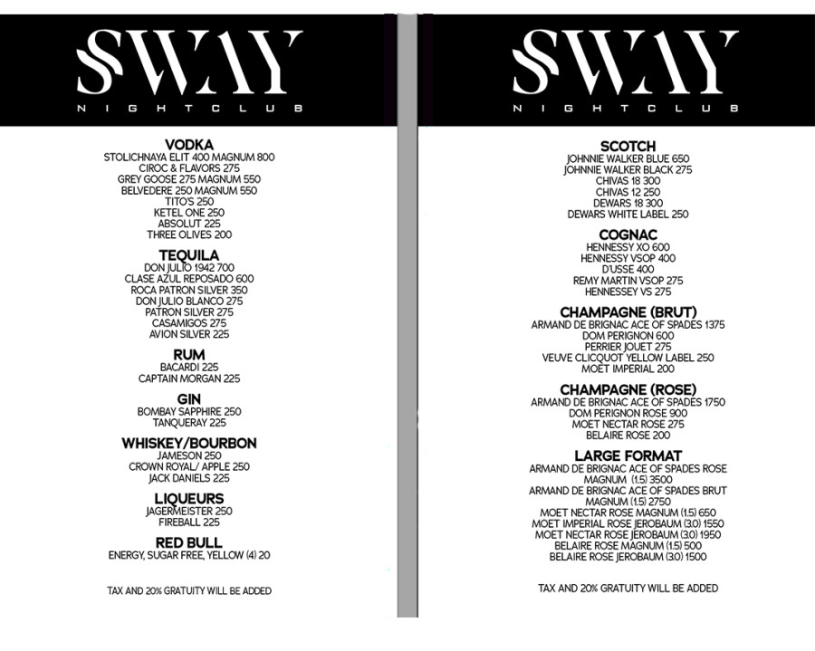 Sway Bottle Sevice Menu, Bottle service, Fort Lauderdale ...