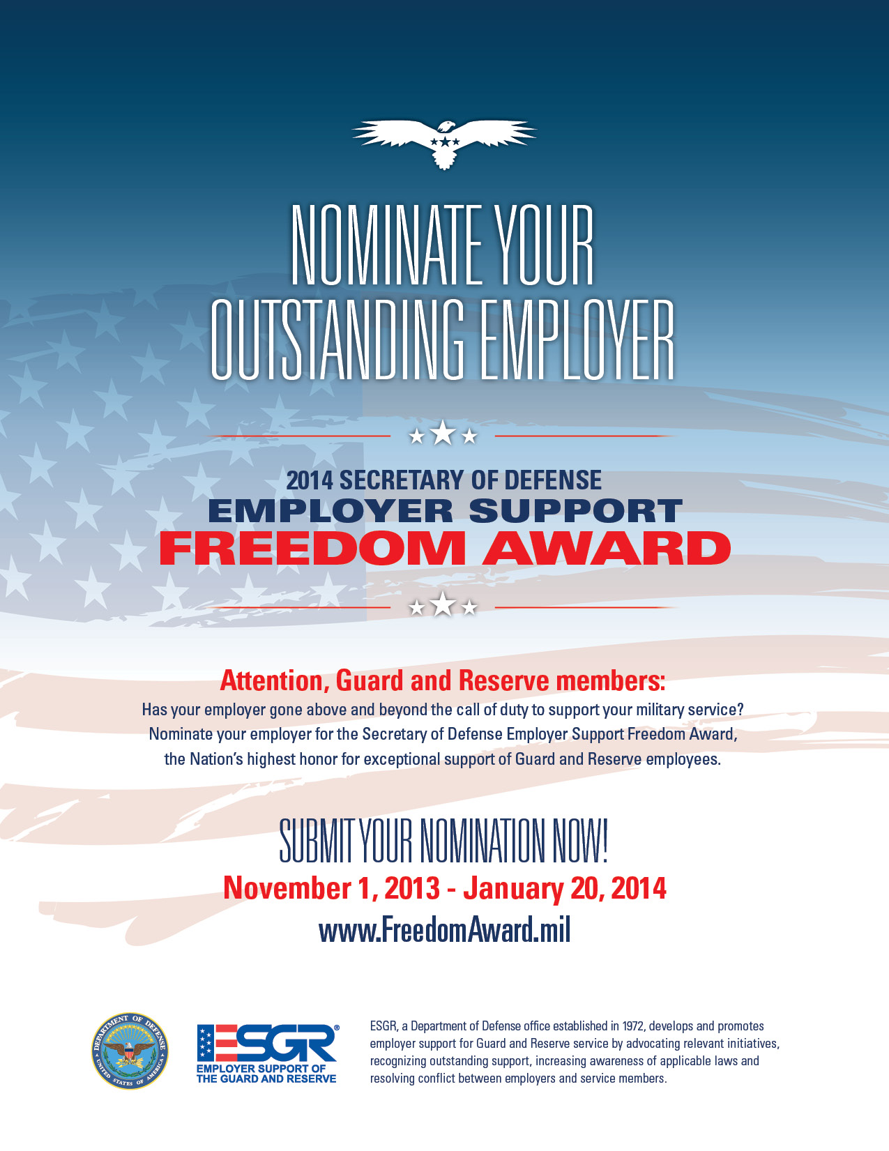 DoD SecDef Freedom Award Nomination Deadline is January 20, 2014