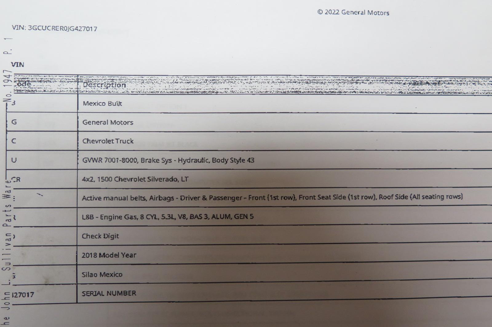 2018 Chevrolet Silverado 1500 Pickup LT - Used Auto Parts for Sale ...