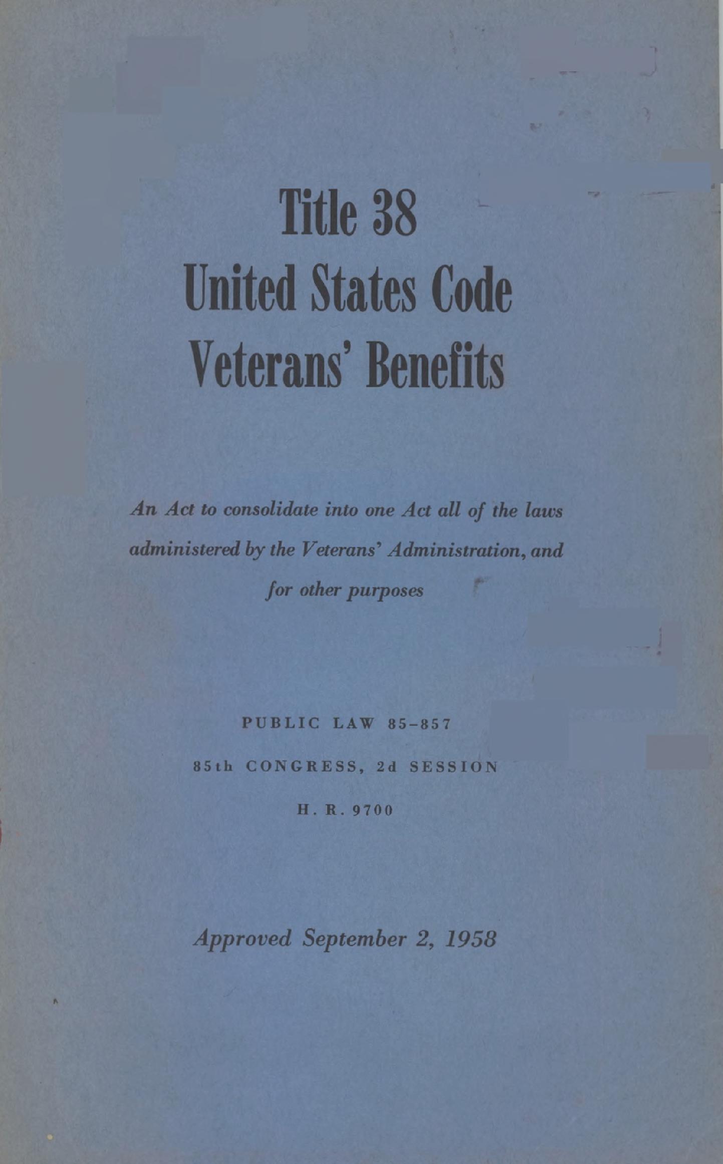 Title 38 United States Code Veteran s Benefits By US Congress 1958 Title 38 United States Code Veteran s Benefits By US Congress 1958