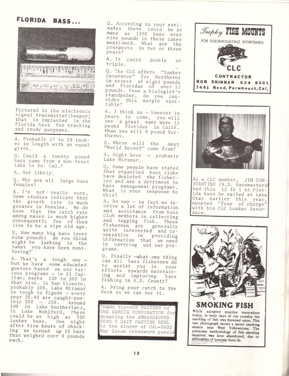 California Lunker Club June 1974 - Bass Fishing Archives Old Tournament ...