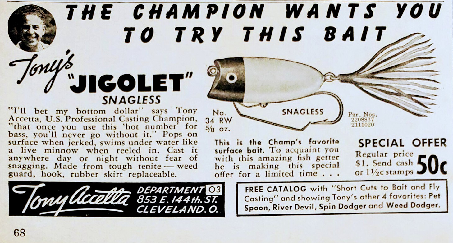 Accetta Jigolet Popper 1940s - Bass Fishing Archives Retro Ads