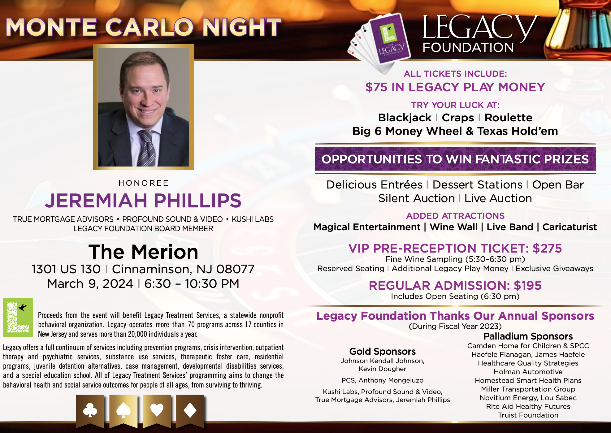 Join Us in Celebrating Jeremiah Phillips – Legacy Foundation Monte Carlo Night Honoree!