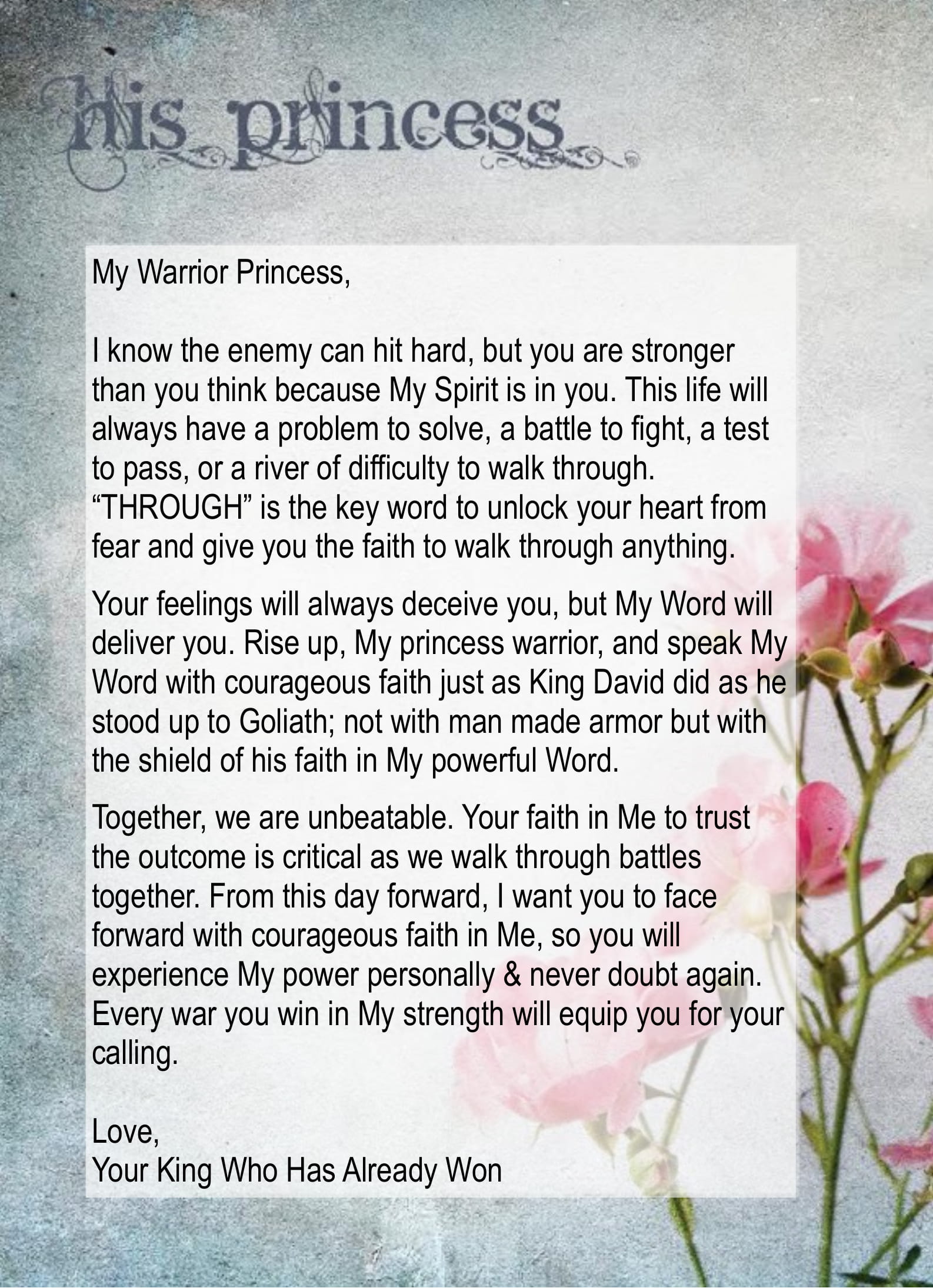 His Princess Warrior, For You Sisters – From The Darkness Into The Light