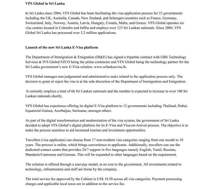 VFS Global statement on Sri Lanka E-Visa - Adaderana Biz English | Sri ...