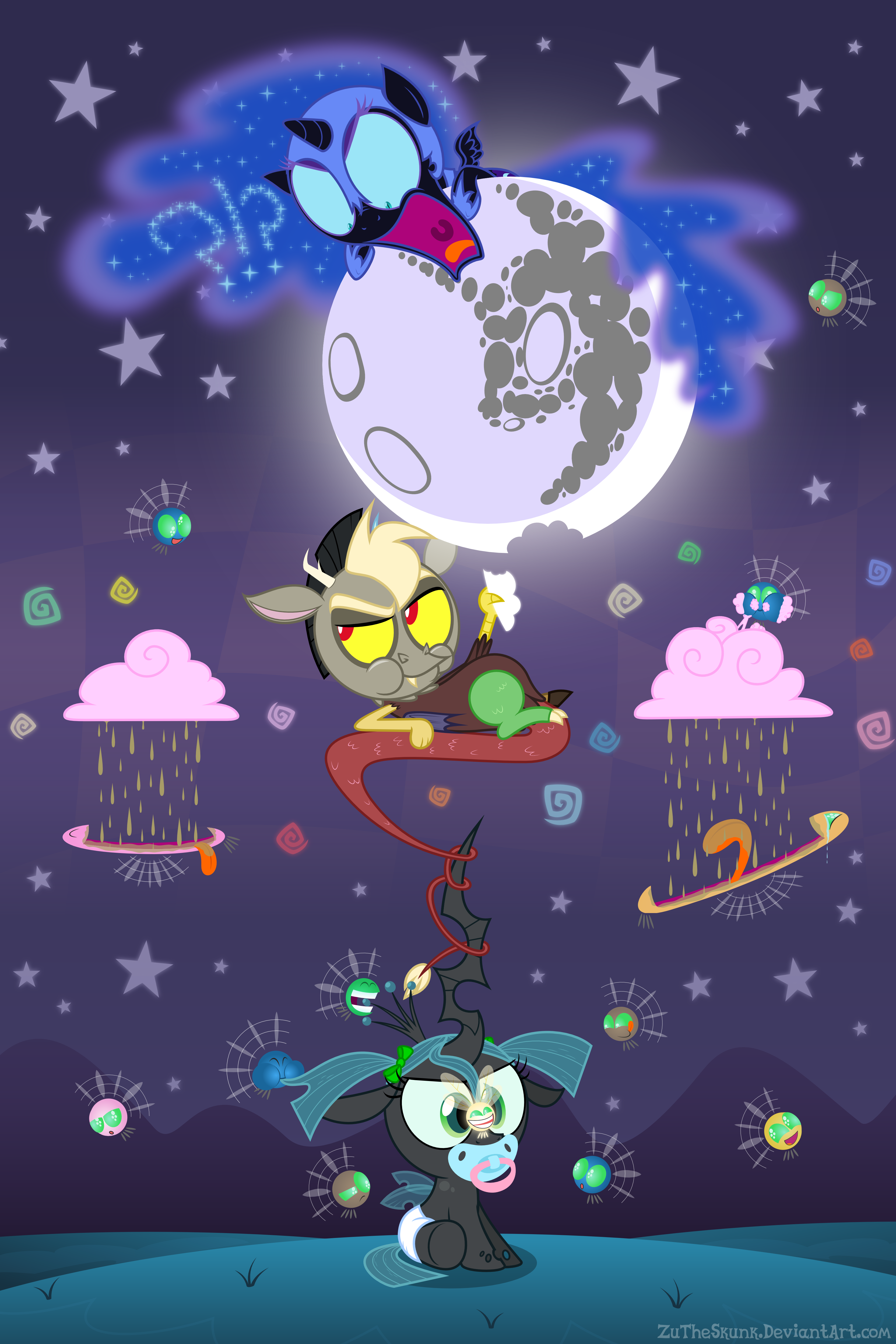 discord, nightmare moon, parasprite, and queen chrysalis drawn by ...
