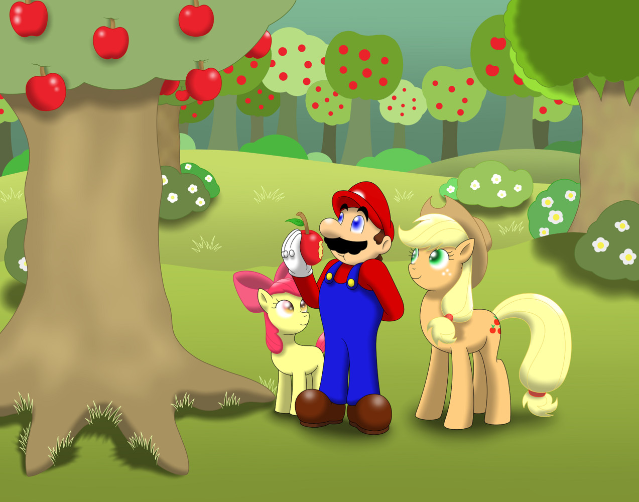 apple bloom, applejack, and mario (super mario bros) drawn by faren916 ...