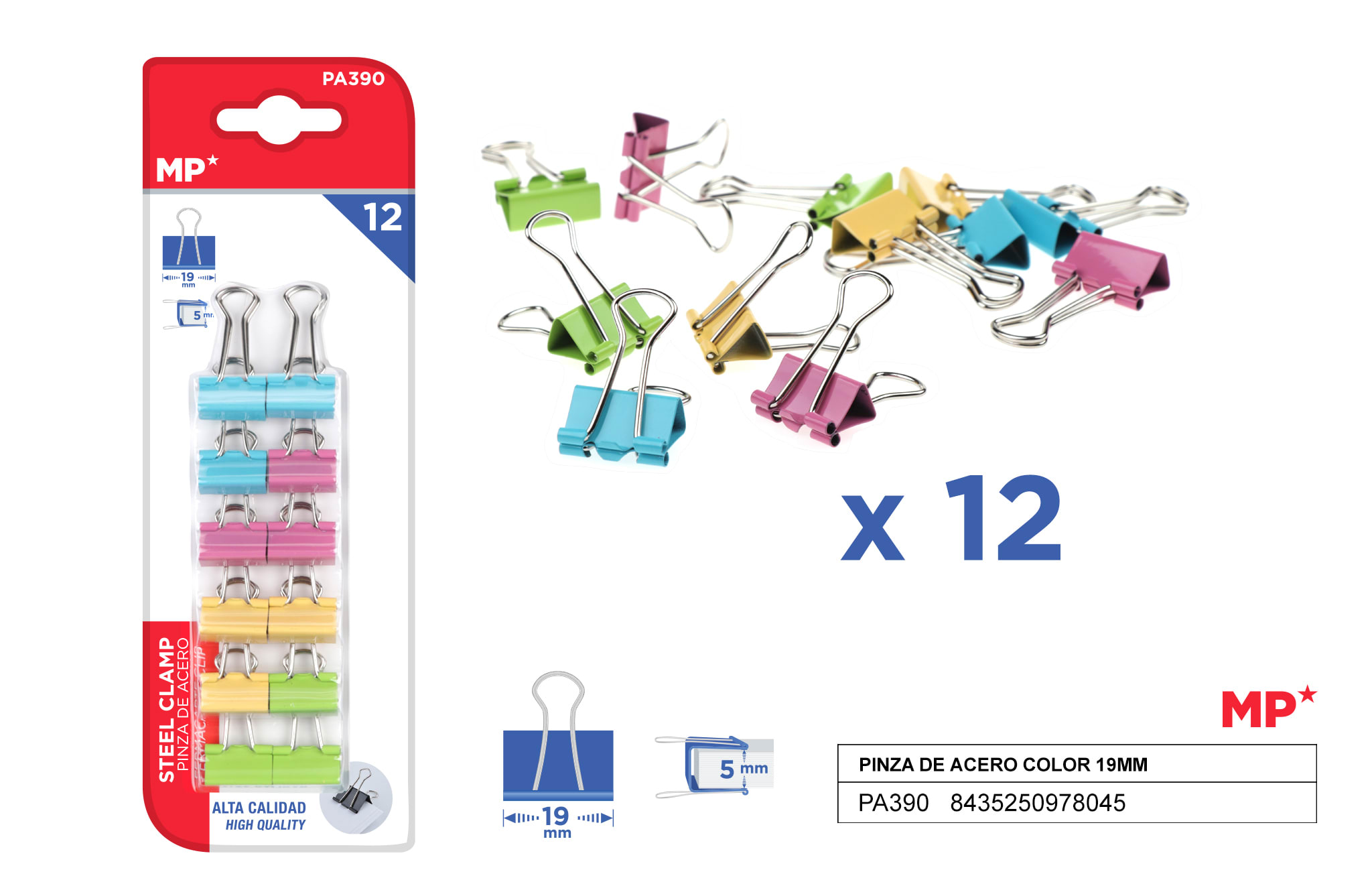 Caja De Clips Acero De Colores 19mm X 12Uds Color Variado | Pictus
