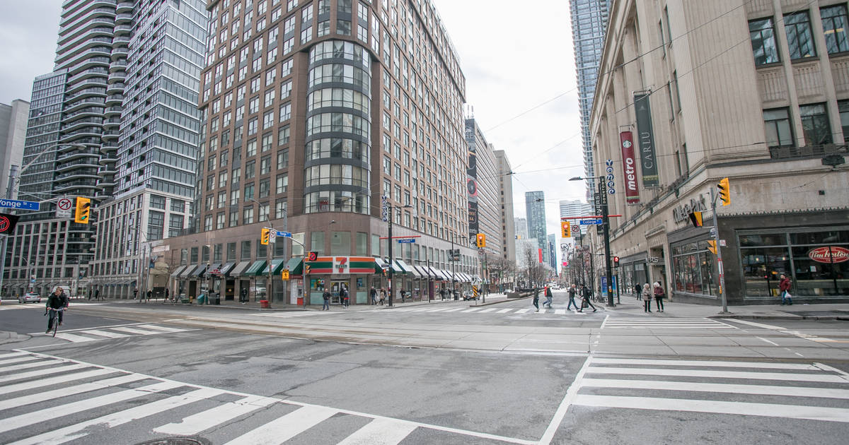 Yonge St. in downtown Toronto is almost totally deserted right now