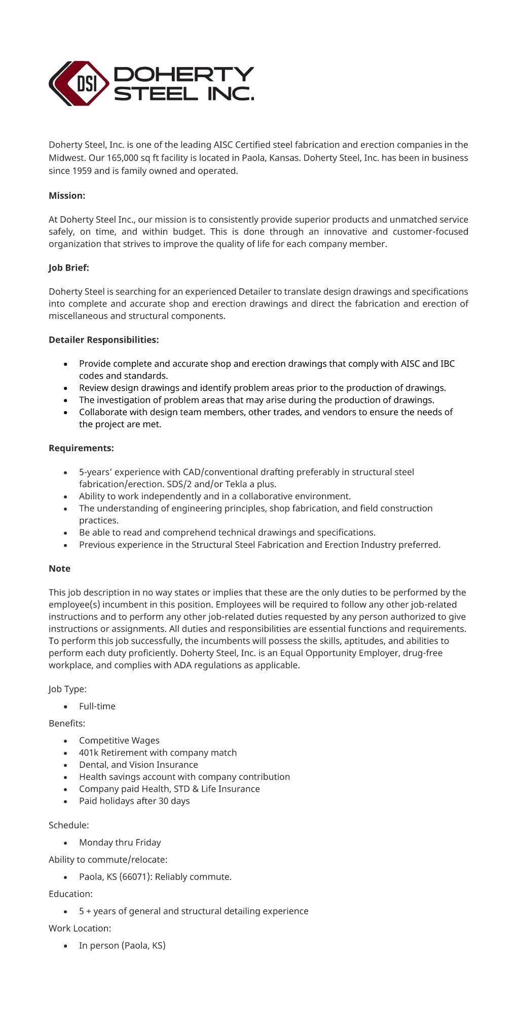 Careers | Doherty Steel, Inc. | Doherty Steel