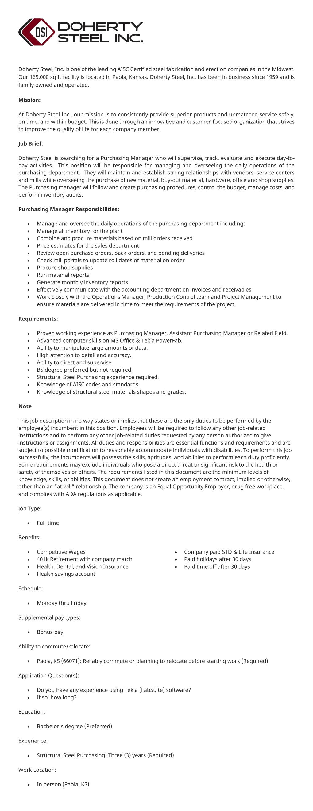 Careers | Doherty Steel, Inc. | Doherty Steel