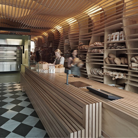 wood slat reception desk - Google Search | Bakery shop interior, Shop ...