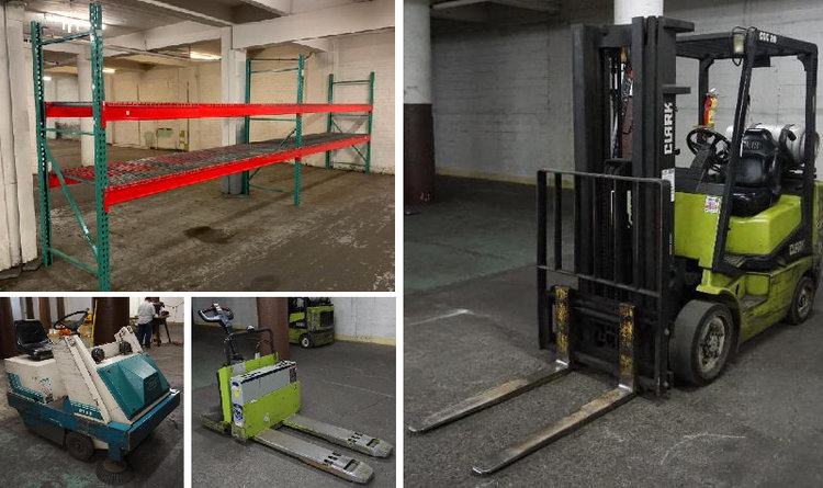 (8) Electric Pallet Jacks, Clark Forklift, Tennant Sweeper, and Pallet ...