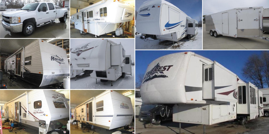 (16) Campers, Trailers, Trucks, and Versatile 276 II Tractor