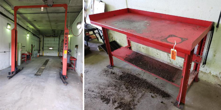 ALM 10,000 Lb. 2-Post Lift, Work Benches, Tire Rack, Shelving