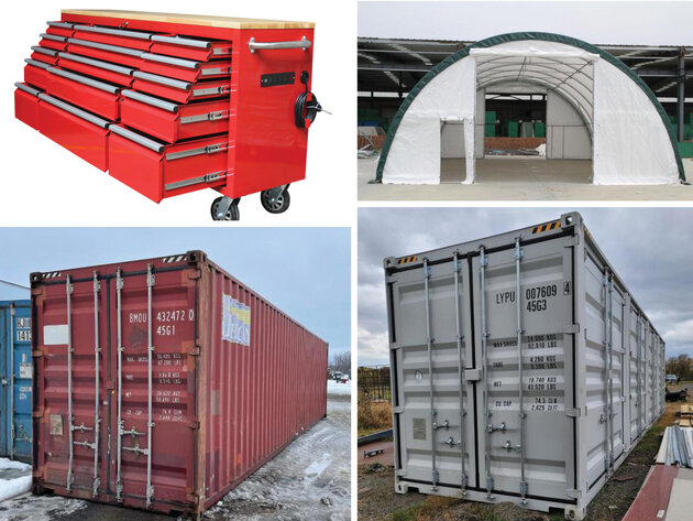 NEW Storage Buildings & Tool Benches, (2) Sea Containers, Automotive ...