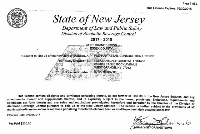 West Orange, NJ "C" Liquor License