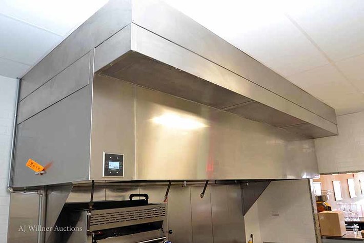 Captive Aire stainless steel exhaust hood, ~55” deep x 12’-6” long